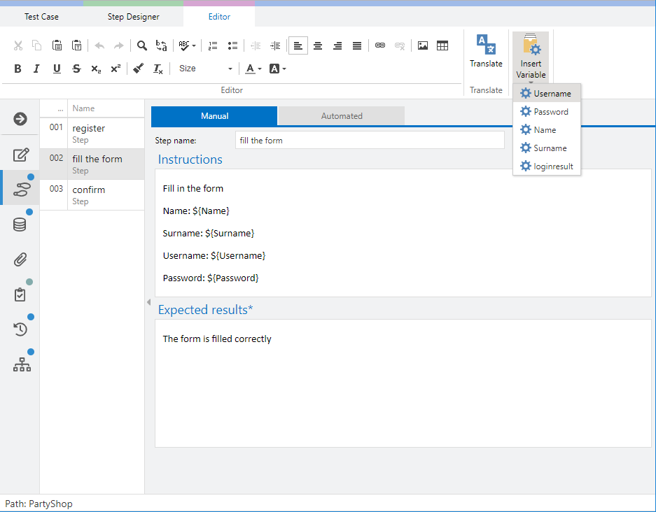 Defining Data - Using Variable Manager for Parametrization